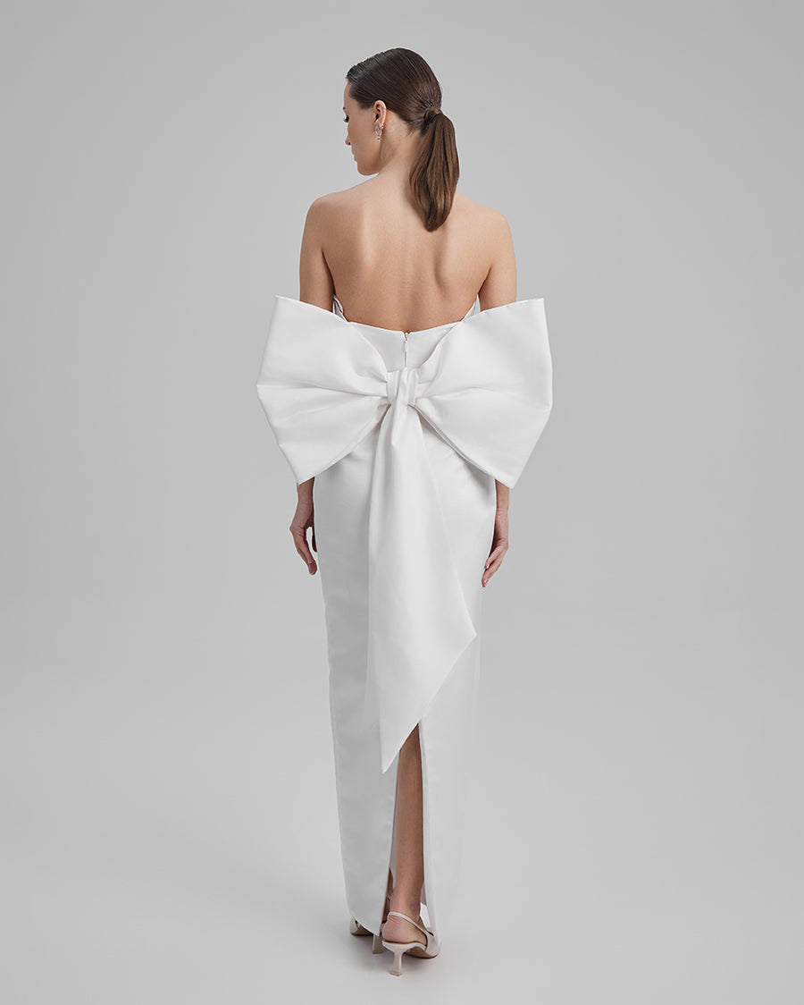GIGI DRESS + BIG BOW | strapless cone maxi in white – BAÉ